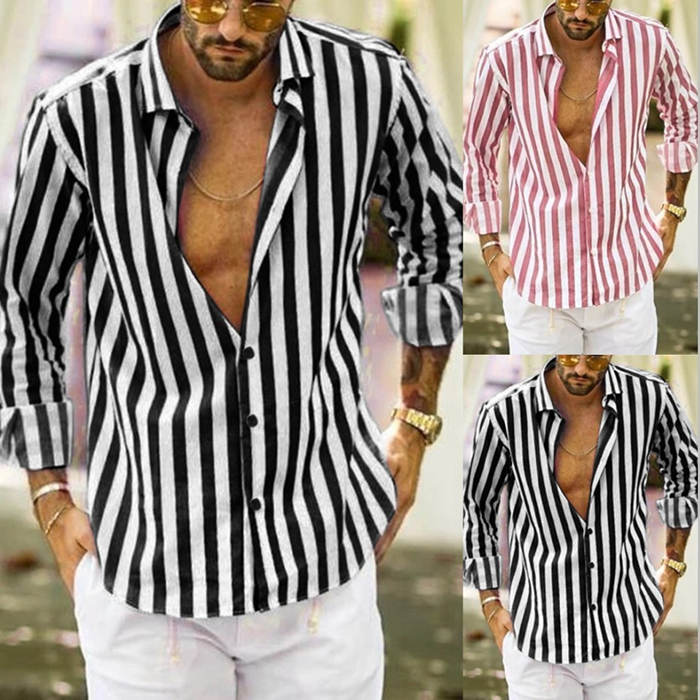 【Acquista 2 spedizione gratuita】Manica lunga button down a righe in co ...