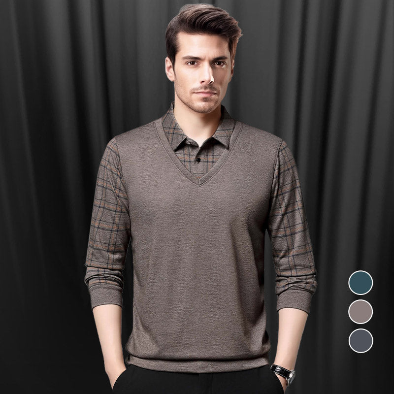 Top da uomo a maniche lunghe con collo a revers effetto due pezzi – viyame